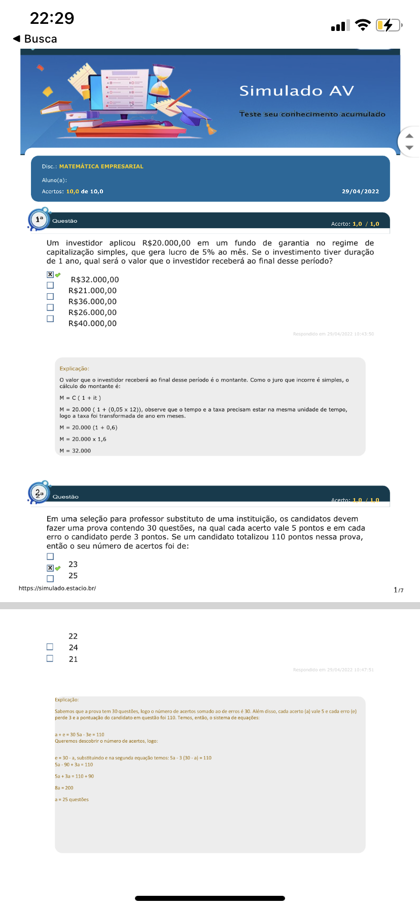 simulado matemática empresarial Estácio - Matematica Empresarial