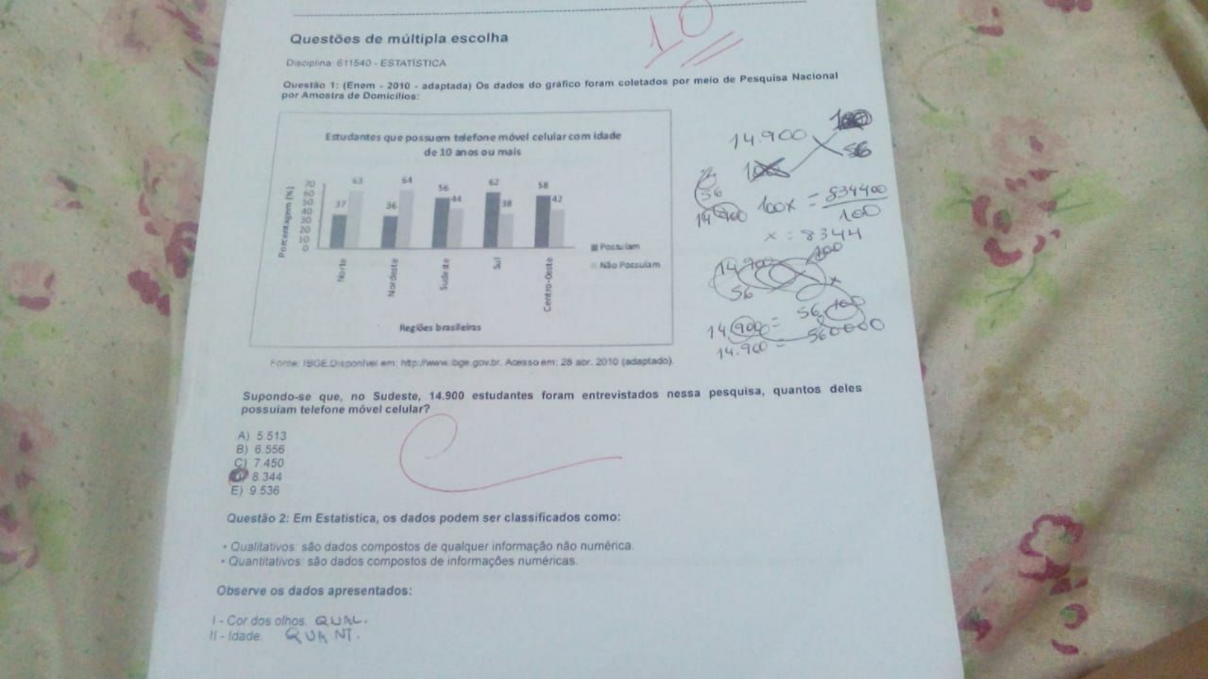 Estatística prova corrigida nota 10 - Estatística I