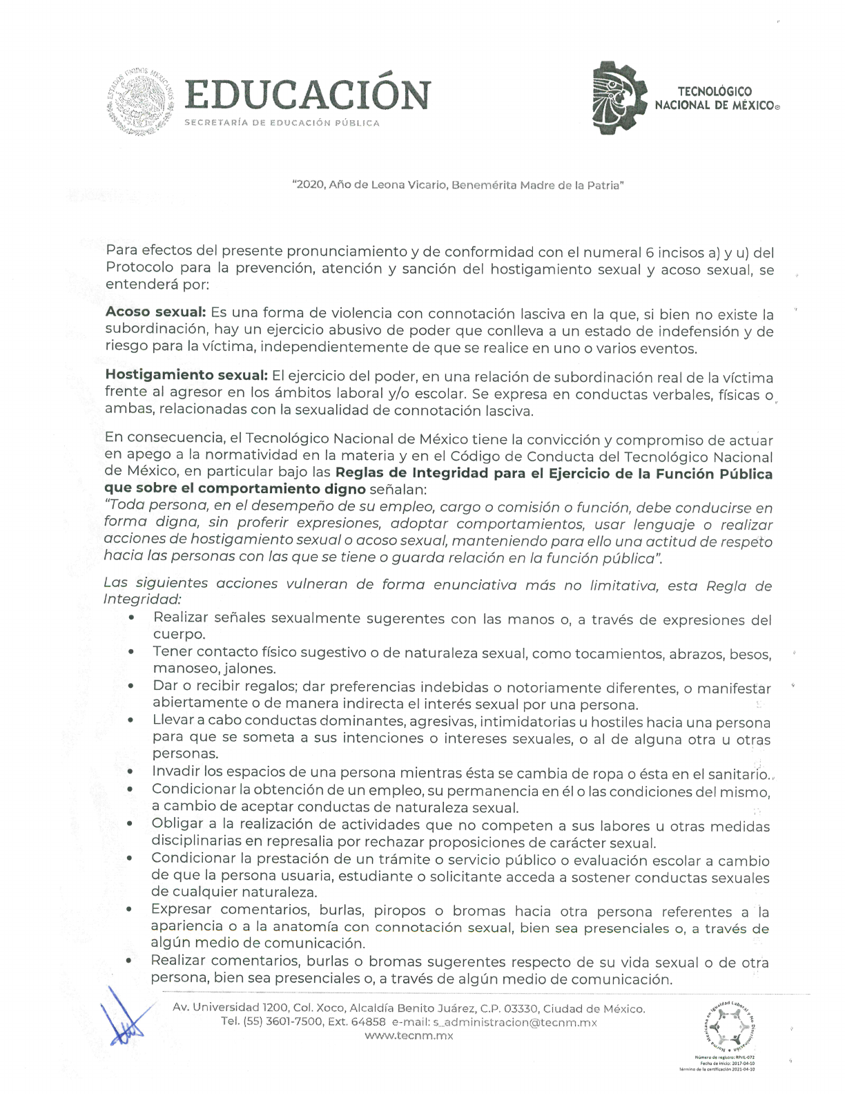 Pronunciamiento Cero Tolerancia Al Hostigamiento Y Acoso Sexual En El