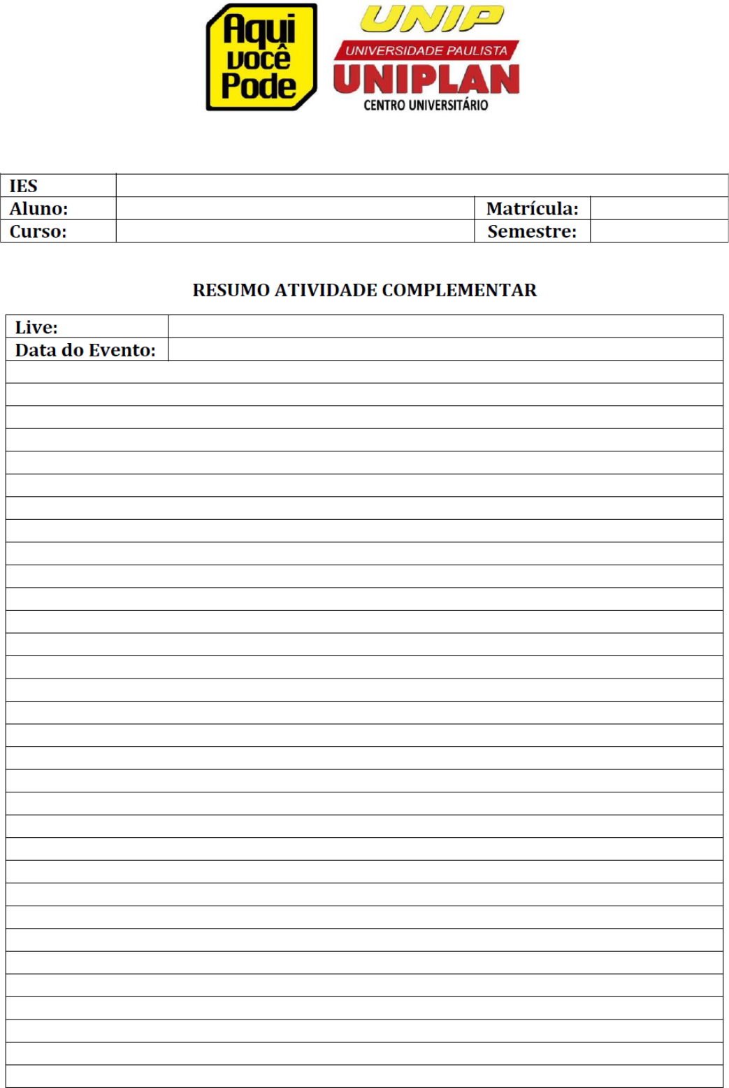 Modelo resumo - Atividades Complementares