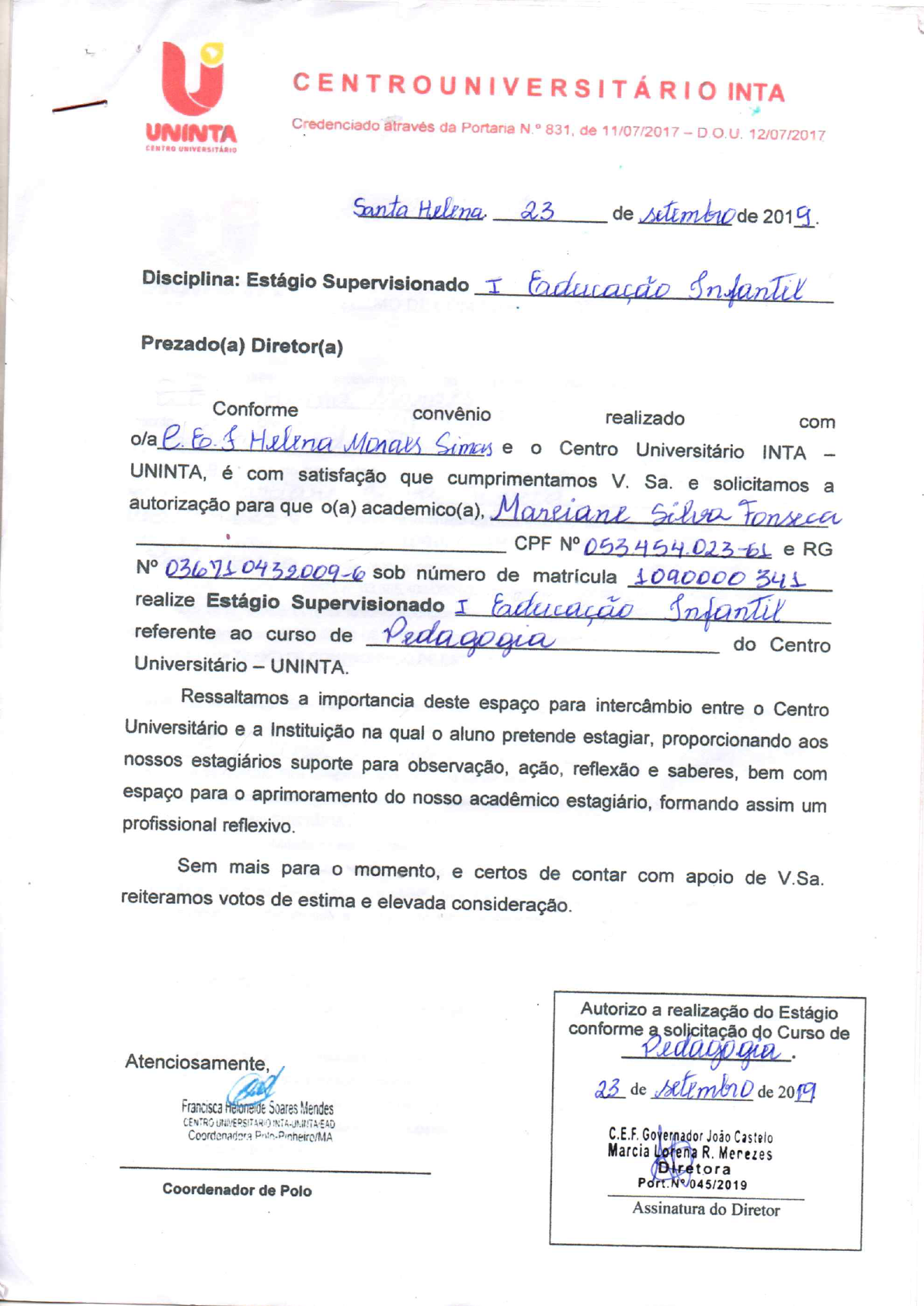 PREENCHIMENTO DE FORMULARIO - Estágio Supervisionado I