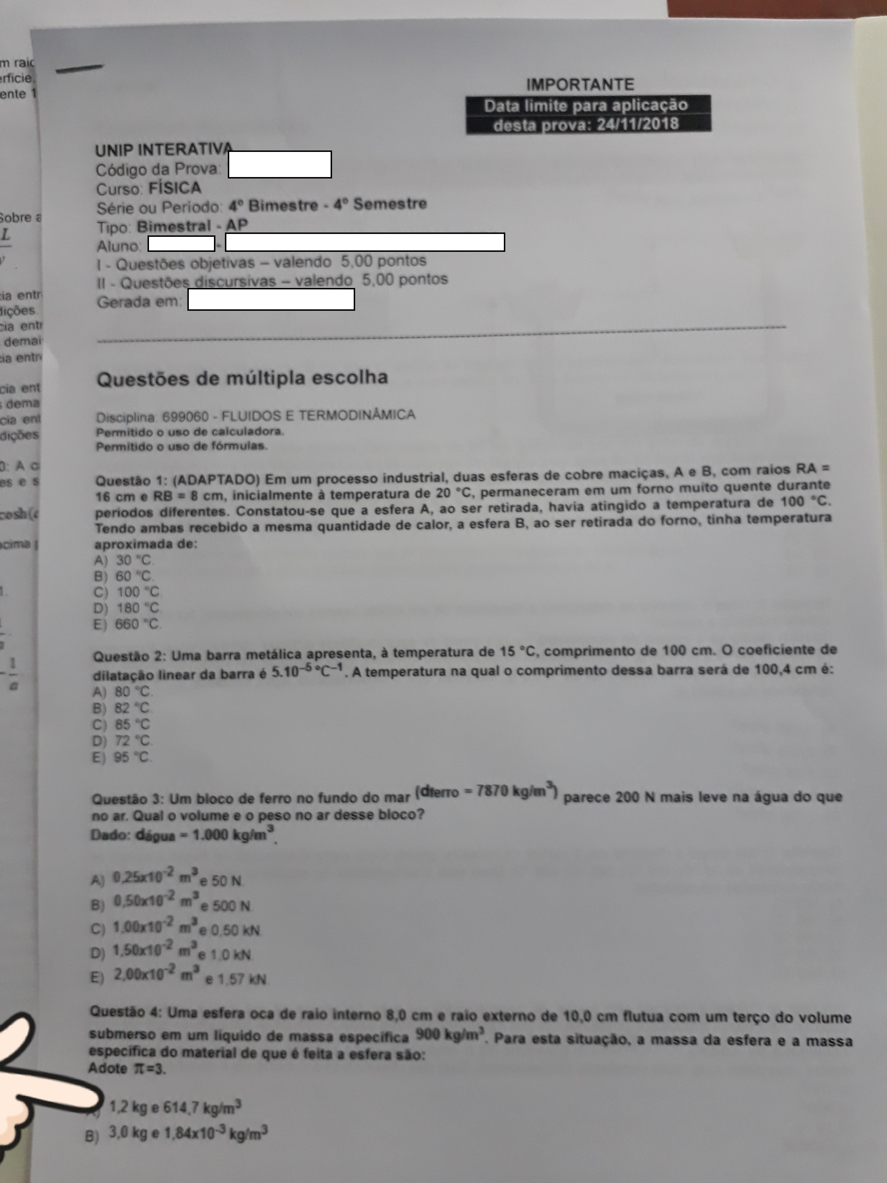 Prova Unip p-1 - Fluidos e Termodinamica