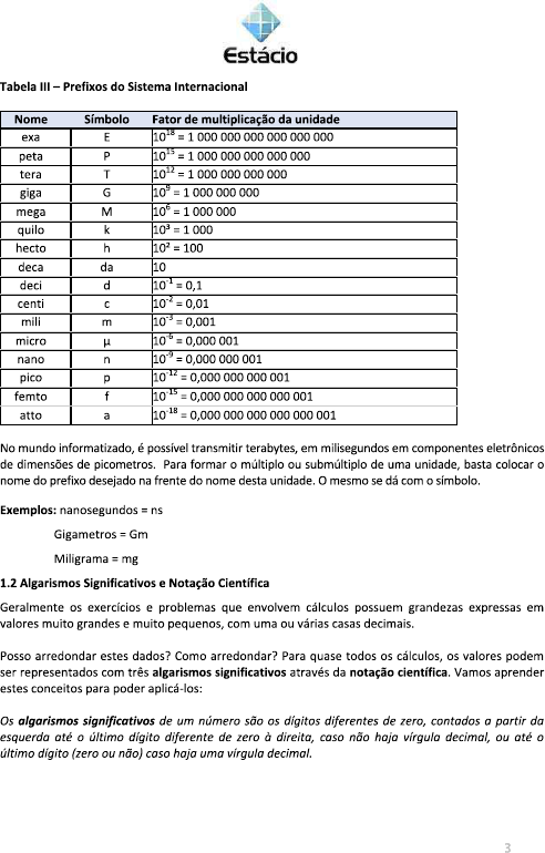 Tabela unidade de medida - Física I