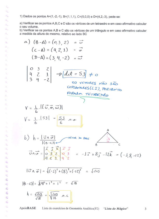 Lista de exerc. Resolvidos GA (P2-ApoioBase) - Geometria Analítica