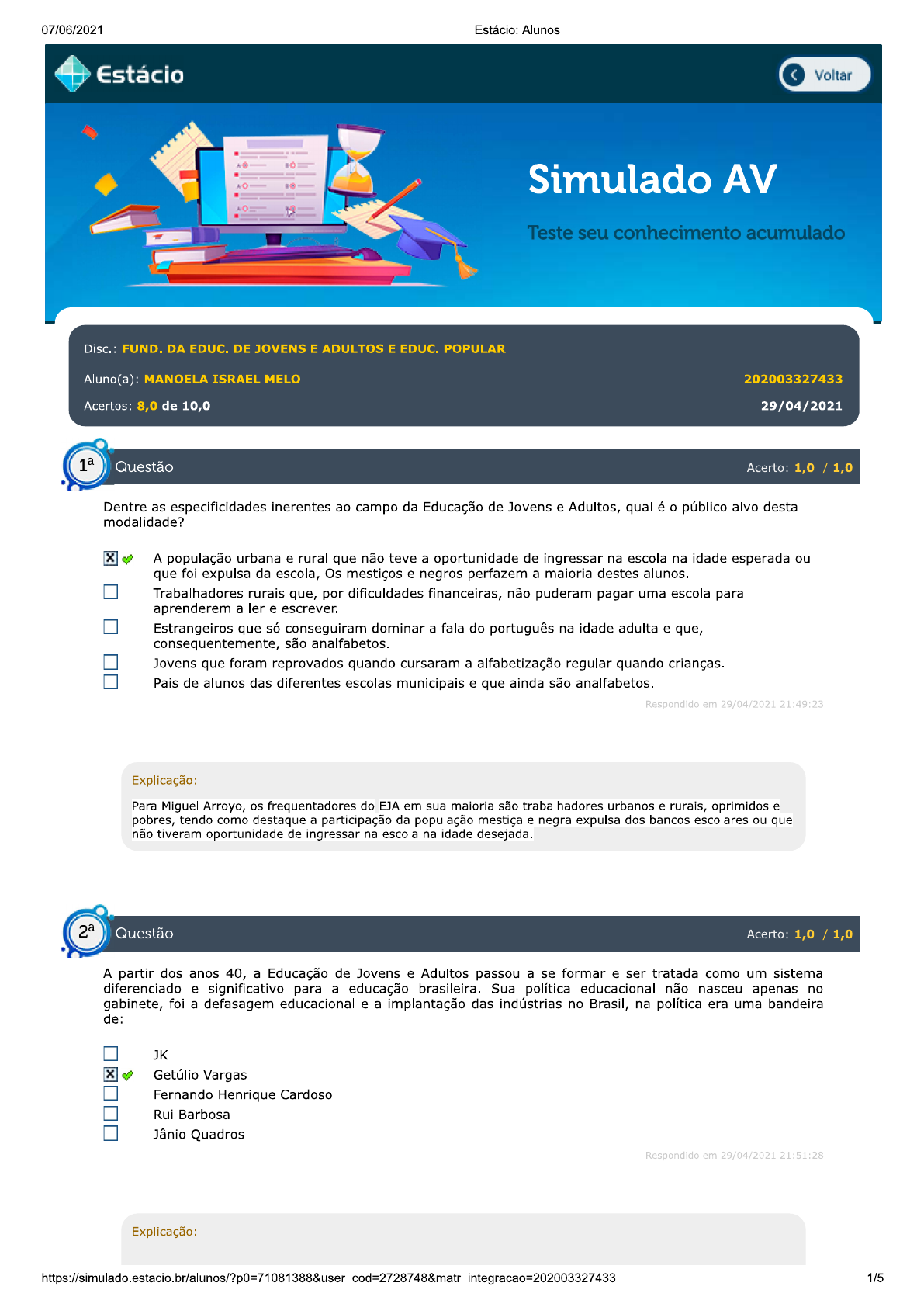 Simulado AV 1 - EJA - Fund. da Educ. de Jovens e Adultos e Educ. Popular