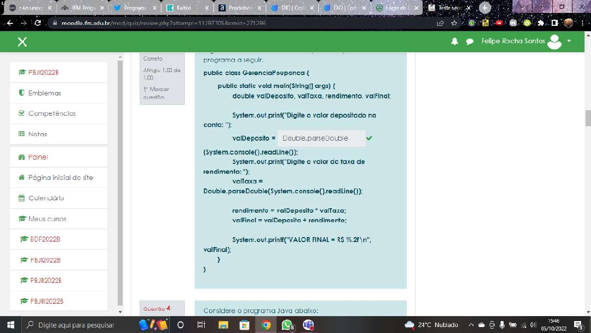 Programação Básica Java I - IFRS - Teste 5 - Java