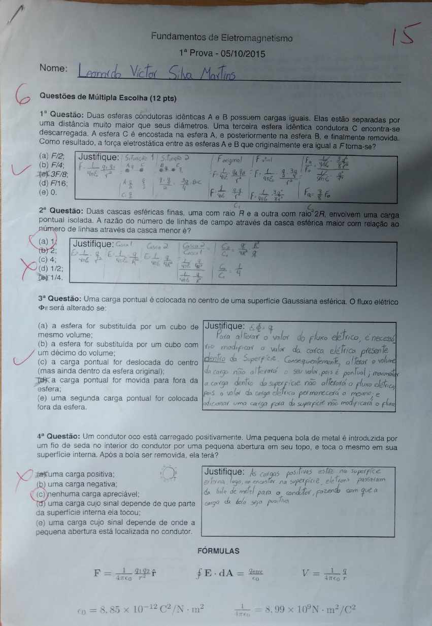 PROVA 1 ELETROMAG - Fundamentos de Eletromagnetismo