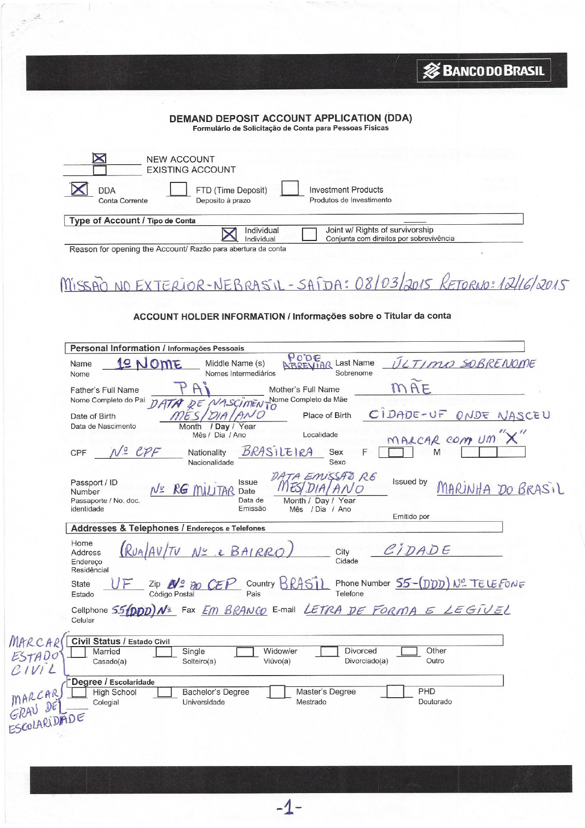 MODELO PREENCHIDO NOVO Formulário de Abertura de conta BB Miami ...