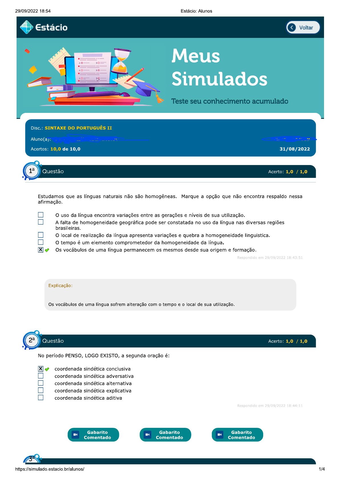 Sintaxe do Português II - SIMULADO 1 - Nota 10 - Sintaxe do Português II Sintaxe do Português II - SIMULADO 1 - Nota 10 - Sintaxe do Português II